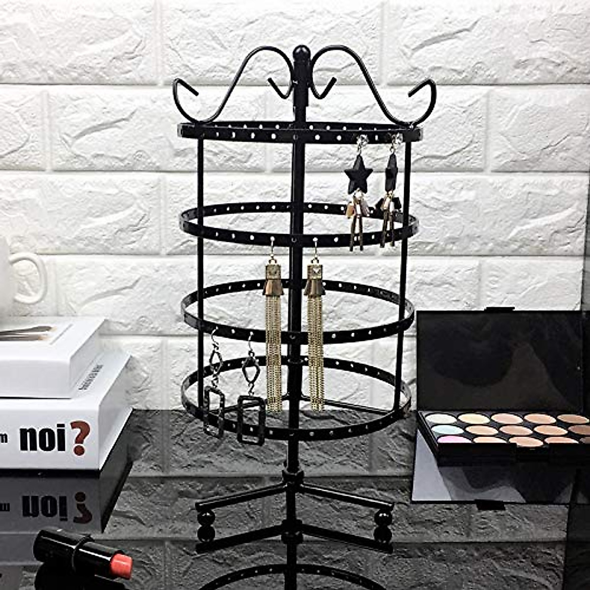 PENGKE Earring Holder Organizer,360 Rotating Earring Organizer, 4 Tiers 144 Holes Earring Jewelry Display Stands,Metal Necklace Jewlery Holder,12.2 x6 inch Black