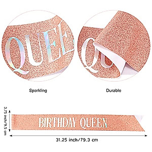 Birthday Sash and Tiara for Women Rose Gold Glitter Crystal Tiara & "Birthday Queen" Sash Set Birthday Crown and Sash for Girls Princess Birthday Decorations Party