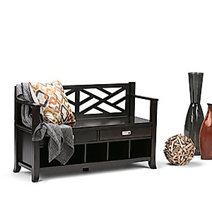 SIMPLIHOME Sea SOLID WOOD 48 inch Wide Entryway Storage Bench with Two Drawers with Metal Drawer Glides and Five Shoe Storage Cubbies, Multifunctional Transitional in Espresso Brown
