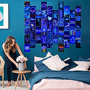 Blue Neon Wall Collage Kit Aesthetic Pictures, 50PCS Room Decor Indie Aesthetic for Teen Girls Boys Bedroom Wall Posters, Mysterious Photo Dorm Decorations, Blue Aesthetic Wall Images with 4x6''