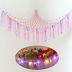 Stuffed Animal Net or Hammock with LED Light, Toy Hammock Hanging Stuffed Animal Storage Organizer Holder Boho Decor for Nursery Playroom Bedroom Kids Room Storage (Pink)