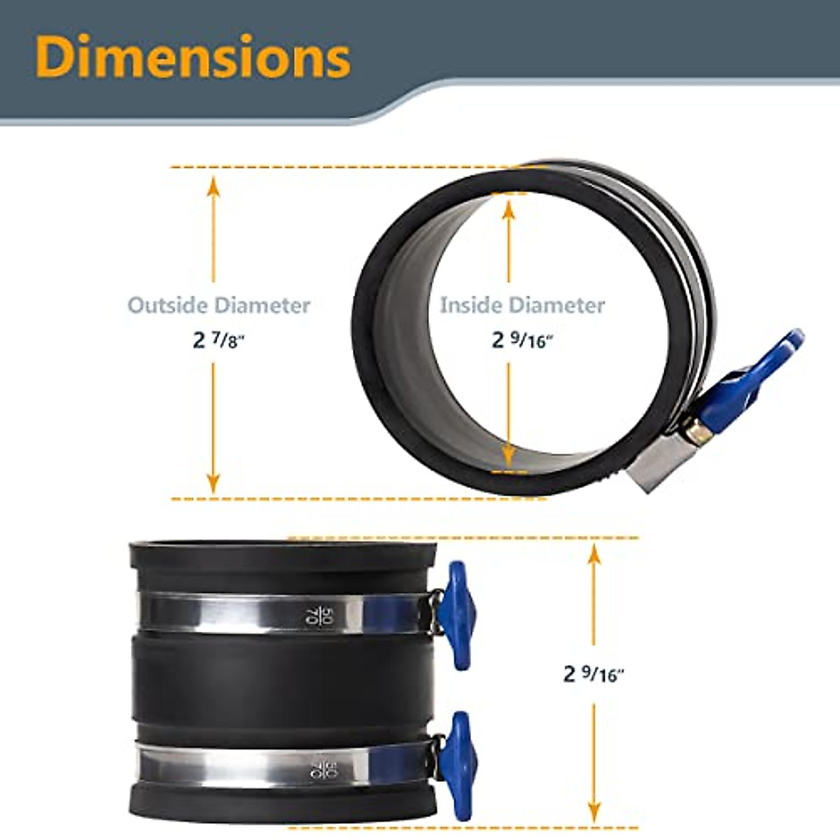 POWERTEC 70337 2-1/2" Dust Control Flex Cuff with Adjustable Key Hose Clamps, Hose Connector Rubber Cuff Coupler for Woodworking Dust Collection Fittings, Dust Collector Accessories & Machinery, 1pk