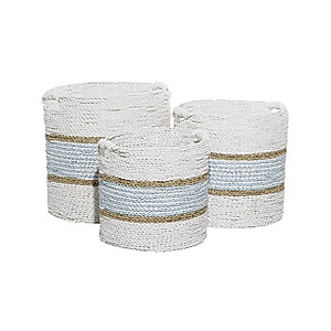 Deco 79 Wood Cylinder Storage Basket with Handles, Set of 3 16", 14", 13"H, White