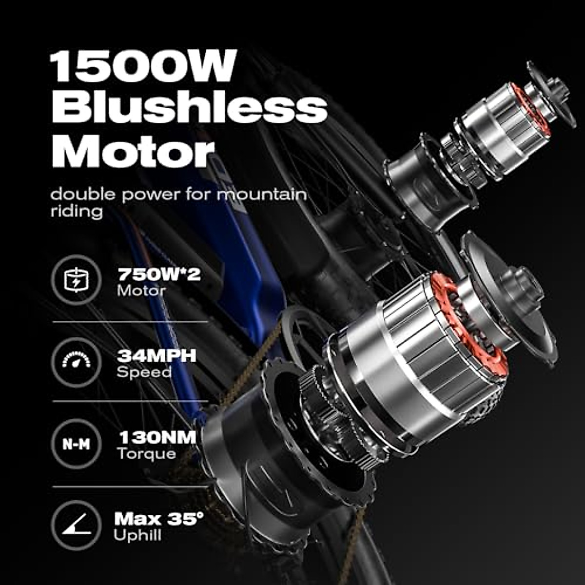 EDIKANI Electric Mountain Bike 26'' Dual Motor 1500W 48V 18Ah Ebike for Adult, 35mph 32 Mileage Pedal Assist 70 Miles Electric Moped, 35° Uphill Hydraulic Brake Fat Tire E Bicycles for Hilly Terrain