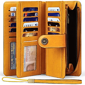 Seammer Womens Genuine Leather Wallets Large Capacity RFID Blocking Credit Card Holder Ladies Wristlet Purse (Yellow)