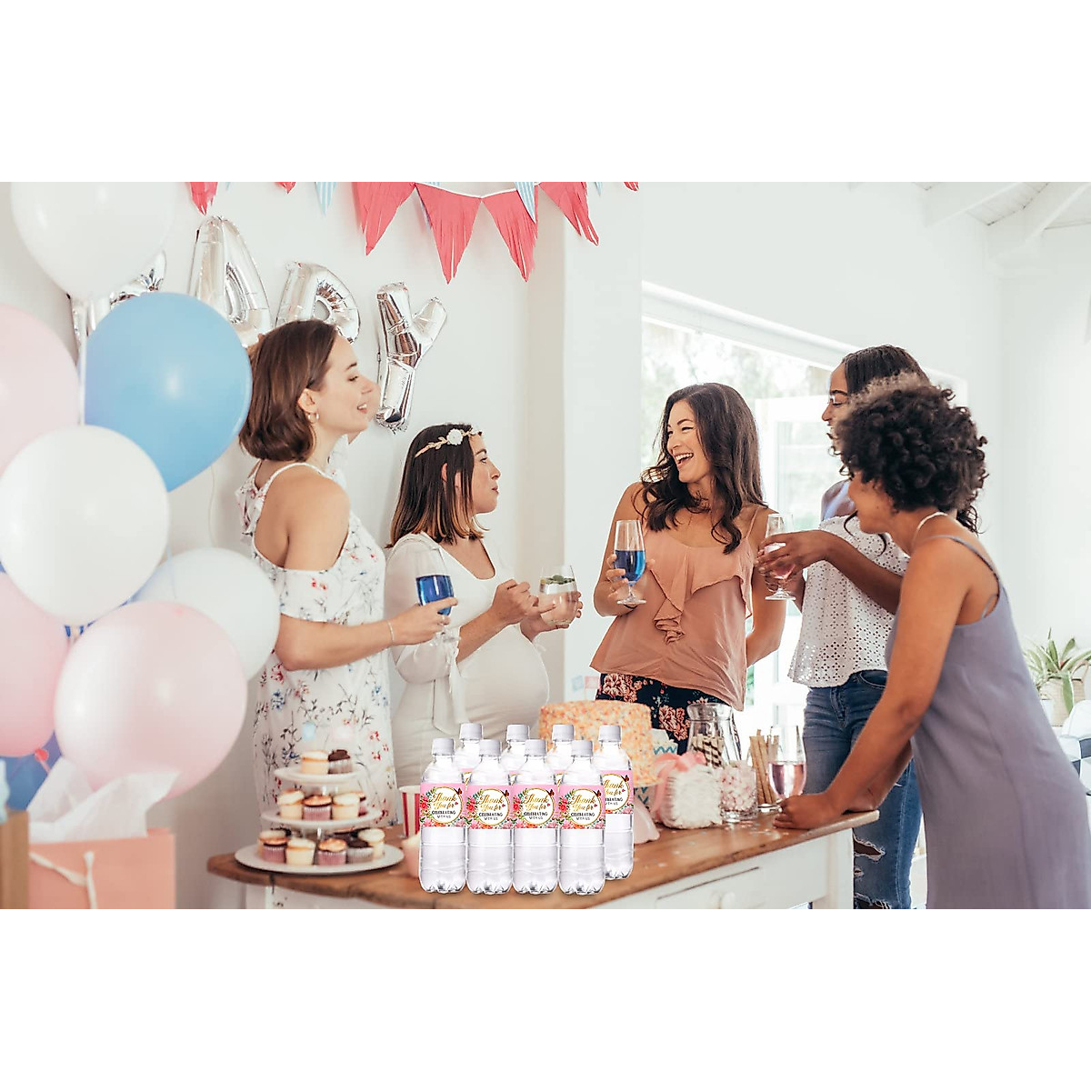 WaaHome Thank You for Celebrating with Us Water Bottle Labels Decorations, 24pcs Waterproof Pink Flower Bottle Labels Stickers for Wedding Baby Shower Bridal Shower Holiday Party Favors Supplies