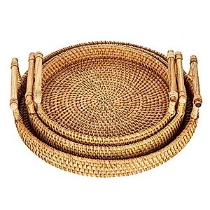 LAHERA Set of 3 Rattan Tray Decorative Serving Tray, Round Wicker Tray, Dinner Tray Table Set, Rustic Decorative Tray for Breakfast, Drinks, Snack Tray, Basket Tray, Coffee Table Tray