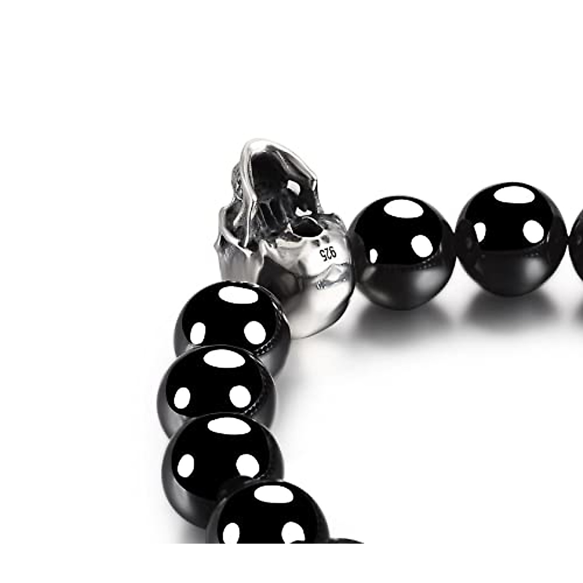 Skullis 0.7" 925 Sterling Silver Carved Skull & Black Obsidian Beads Bracelet, Crystal Healing. (M, Fit wrist size: (171-186) mm)