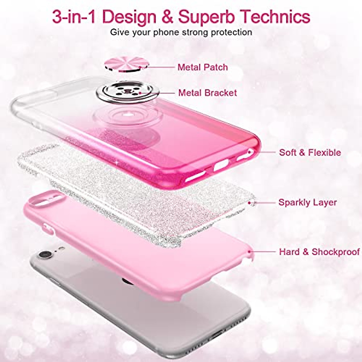 PeeTep iPhone SE 2020 Case,iPhone SE 3 Case Glitter for Girls,iPhone 8 Case,iPhone 7 Case,Slim Sparkly Case with 360°Ring Holder Kickstand Magnetic Car Mount Shock-Absorbent Durable Cover, Pink