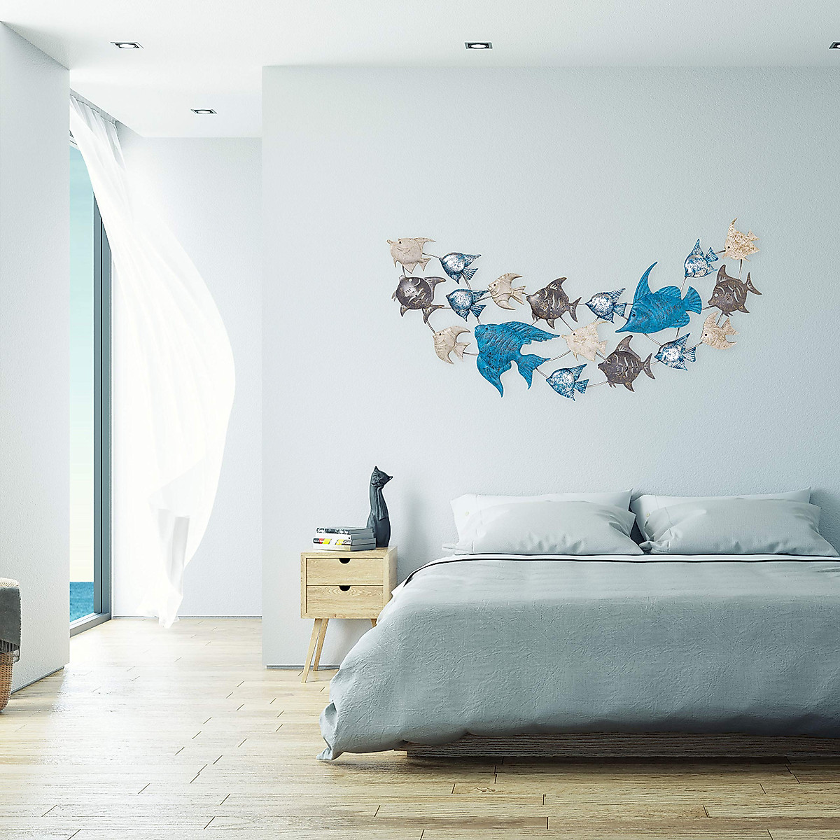 MODERNIST HOME School of 18 Fish Wall Art, Crescent, Vivid Blue with Shimmery Silver, Muted Grey and Beige Paint, Iron, 5 Feet Wide (2.75 L x 59 W x 31.5 H Inches) Home Wall Decor