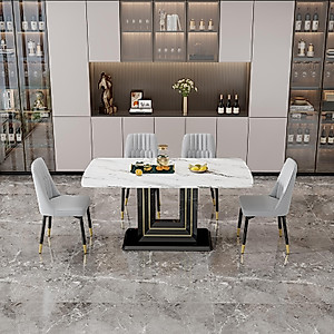 5-Piece Modern Glass Dining Table Set, 63" Kitchen Table with White Imitation Marble Pattern Tabletop and 4 Light Gray Dining Chairs Rectangular Kitchen Table Set Dining Room Table Set for 4