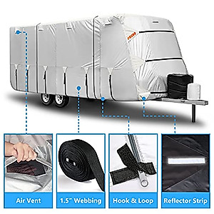 FRUNO Oxford Cloth Travel Trailer RV Cover 27'8"-30' Waterproof Rip-Resistant Anti-UV Camper Cover for Winter Snow with Jack Cover 4 Tire Covers and Gutter Covers