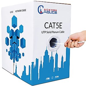 NewYork Cables - Cat5e Plenum Cable 1000ft (CMP) - 100% Solid Bare Copper -100 MBit/s 350 MHz Unshielded Twisted Pair (UTP) Cat 5e Ethernet Cables