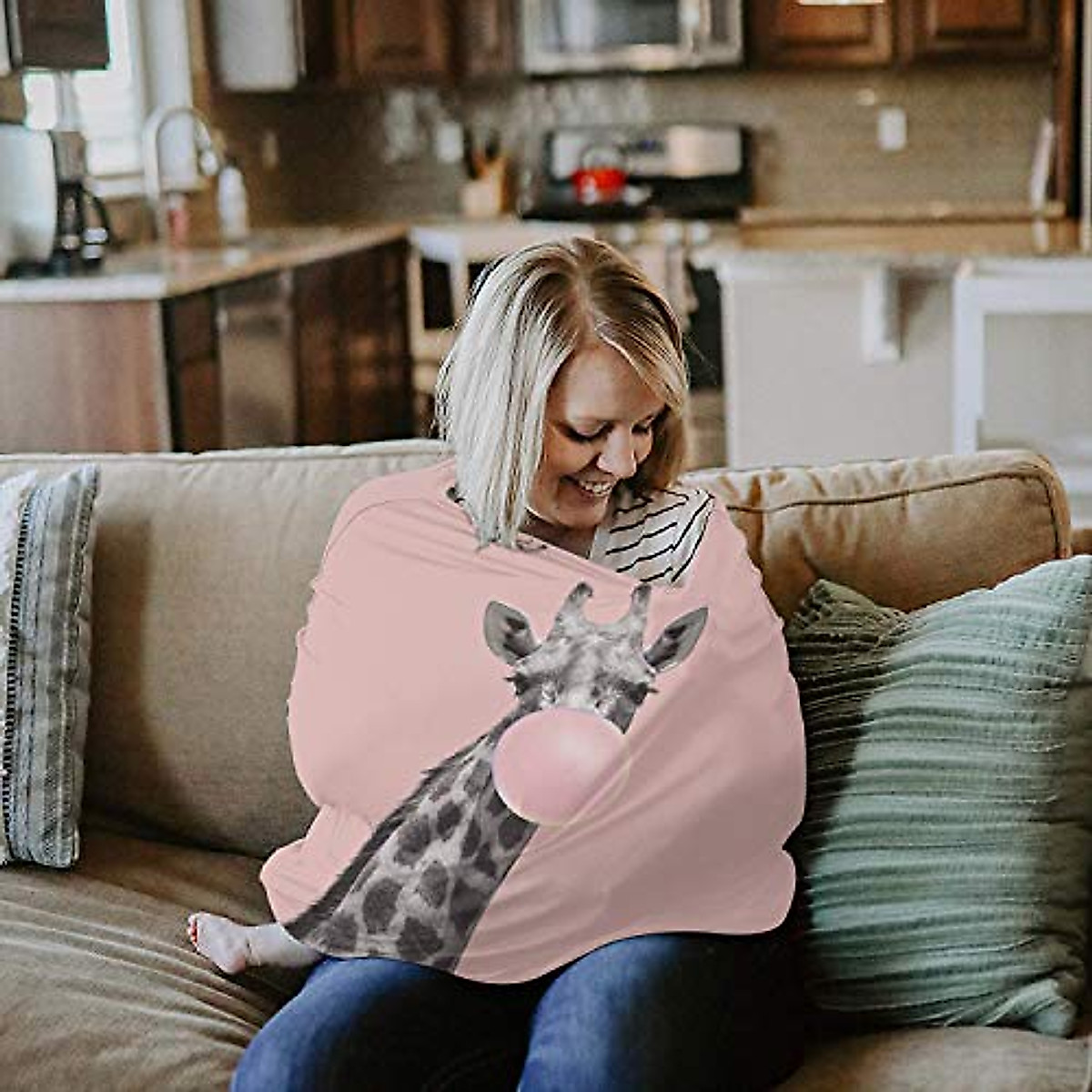 Giraffe Baby Car Seat Cover, Multi-Use Nursing Cover for Boys, Girls, Infants, Snug Warm Stroller Covers for Babies, Funny Animal Giraffe Blowing Bubble Pink