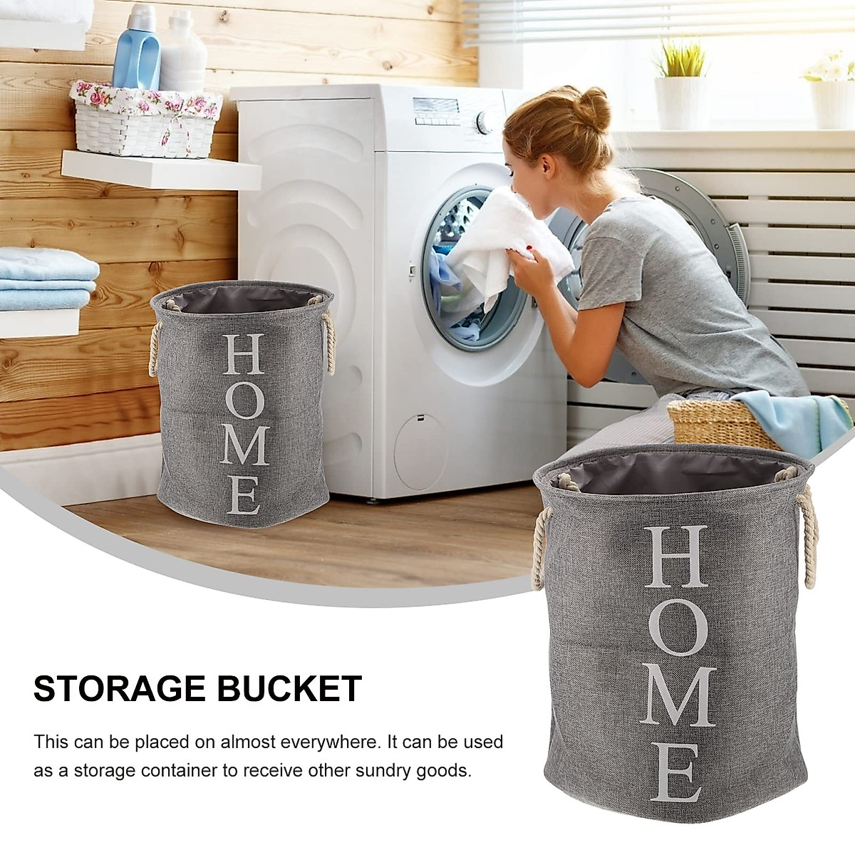 Abaodam 1pc Storage Hamper Space- Bedroom Container Rope Nursery Foldable Folding Handle Letter Washing Clothing Kids Cylinder Fabric Linen Bucket Saving Multipurpose Home with Bin