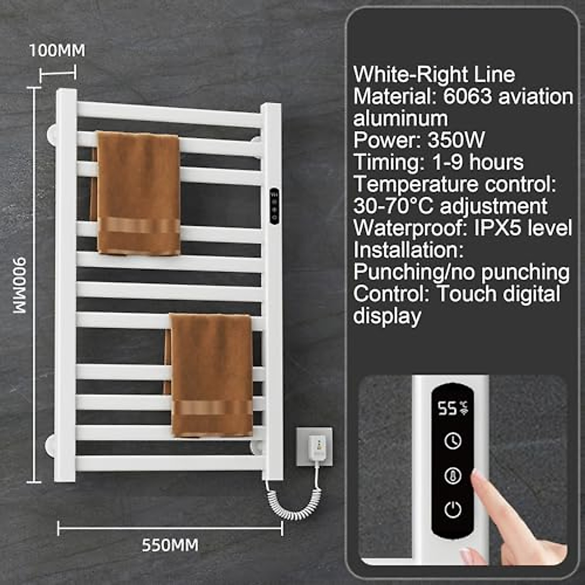 SWHC Heated Towel Rack, 350W Towel Warmer Smart Touch Radiator Towel Rail Electric Wall Mounted Towel Rail Timer 1-9H, 30-70°C Towel Radiator 11 Rods Bathroom Radiators 55 x 10 x 90 cm