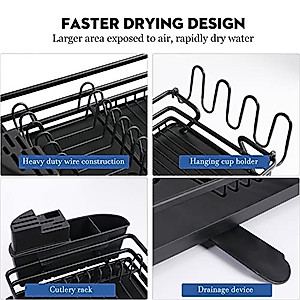 HIUHOME Dish Drying Rack with Drainboard,Rustproof Dish Racks for Kitchen Counter,Dish Drainer with Adjustable Spout (Black)
