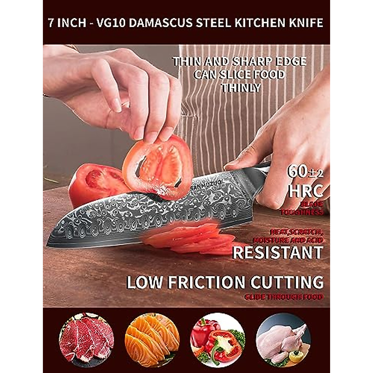 SANMUZUO Santoku Knife - 7 inch - Xuan Series - VG10 Damascus Steel Kitchen Knife - Resin Handle (Fantasy Orange)