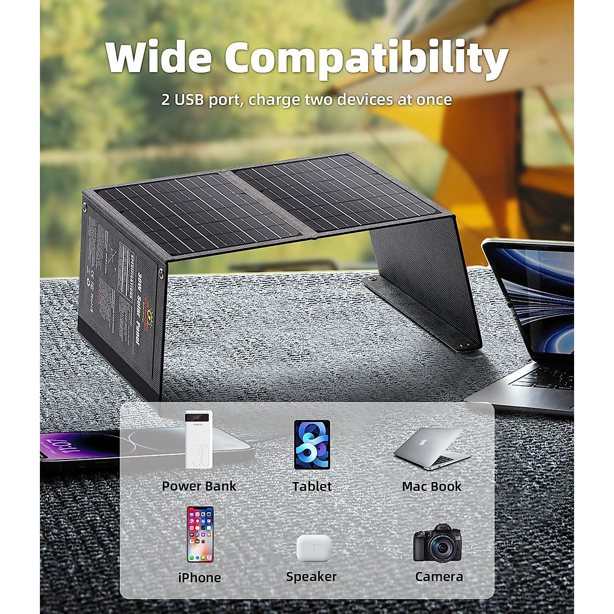 [Lightweight Upgraded]SUNNOBE Portable Solar Panel with 3-IN-1 Cable, Dual USB-A Ports, Foldable 30W Solar Panel Charger with Digital Ammeter for Camping&Hiking, Compatible with iPhone, iPad, Samsung