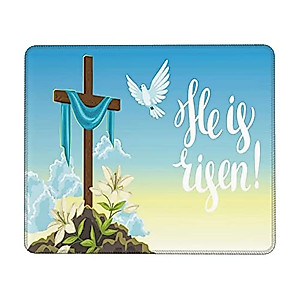 He is Risen Happy Easter Christian Cross Lily Religious Water Resistant Mouse Pad with Stitched Edge Computer Mouse Mat with Anti-Slip Rubber Base for Office Laptop Gaming Working 10 X 12 in