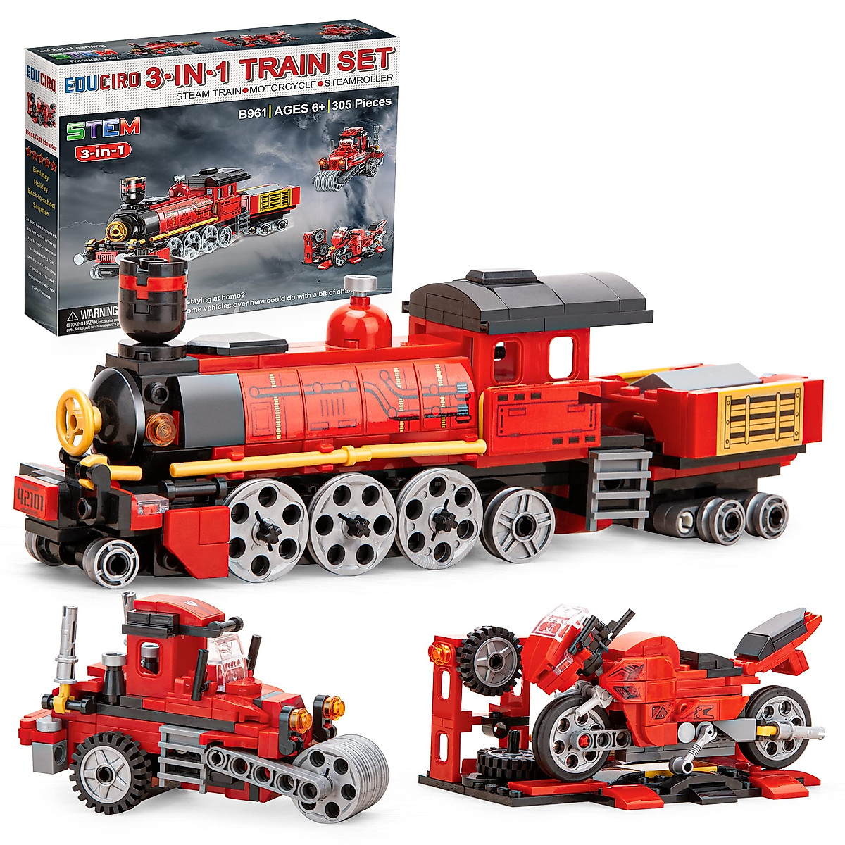 EduCiro Toys Train Sets, 3 in 1 Building kit Steam Train Motorcycle Tractor for Kids,New 2021 Creative Play and Easy to Follow (305 Pieces)