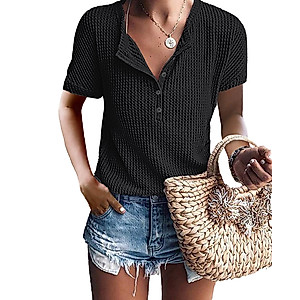 IWOLLENCE Womens Button Down Shirt Short Sleeve Henley Shirt Waffle Knit Tunic V Neck Tops Loose Fit Black Large