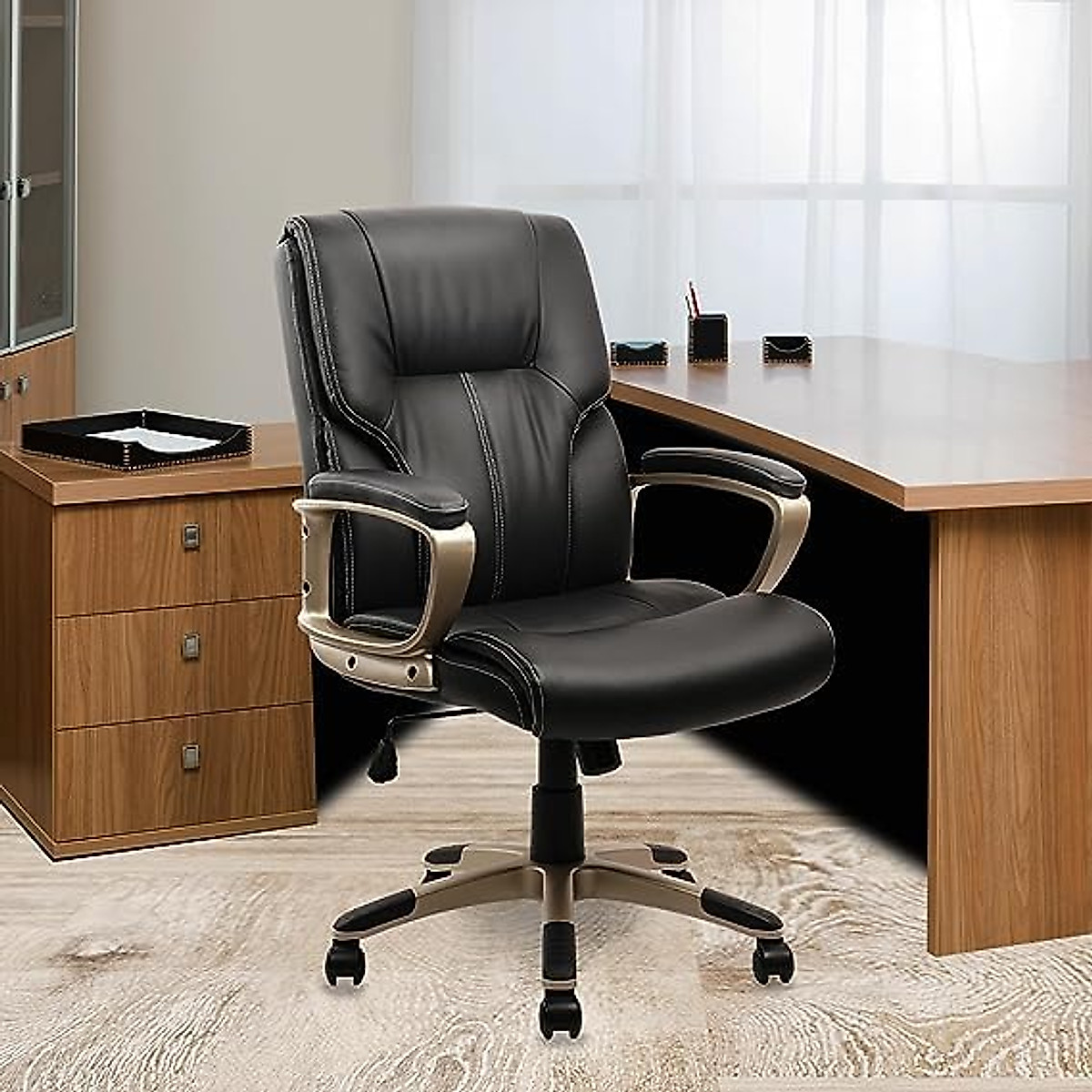 CLATINA Deluxe Executive Office Chair Enhanced Comfort with Padded Armrests, Ergonomic PU Leather Design, Nylon Lacquered Computer Desk Chair with Lumbar Support, Ideal for Home Office Black