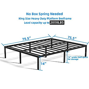Meberam King Size Bed Frame 14 Inch Metal Platform BedFrame Heavy Duty King Mattress Foundation Steel Slats Support No Box Spring Need, Black