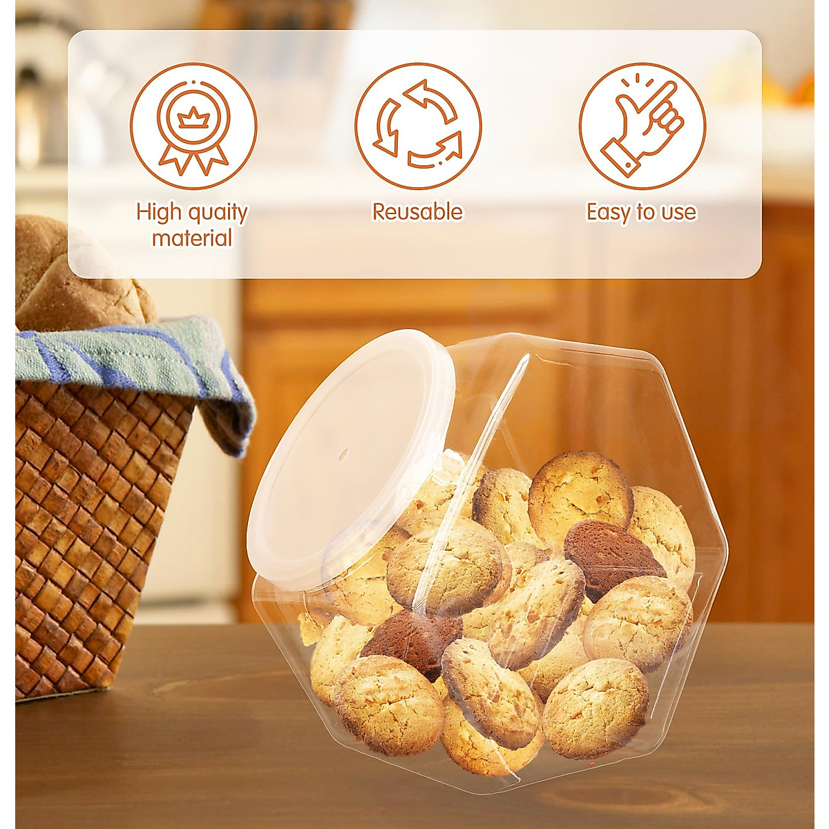 Woozettn 3 Pcs Plastic Candy Jars,Clear Cookie Jars 71 Oz for Kitchen Counter,Hexagon Cookie Jars with Lids,Plastic Dry Food Jar for Candy Buffet