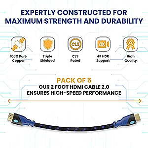 Aurum Ultra Series High Speed HDMI Cable with Ethernet HDMI Extender Braided Cable Supports 3D and Audio Return Channel up to 4k Resolution HDMI Cable 2 Ft 5 Pack
