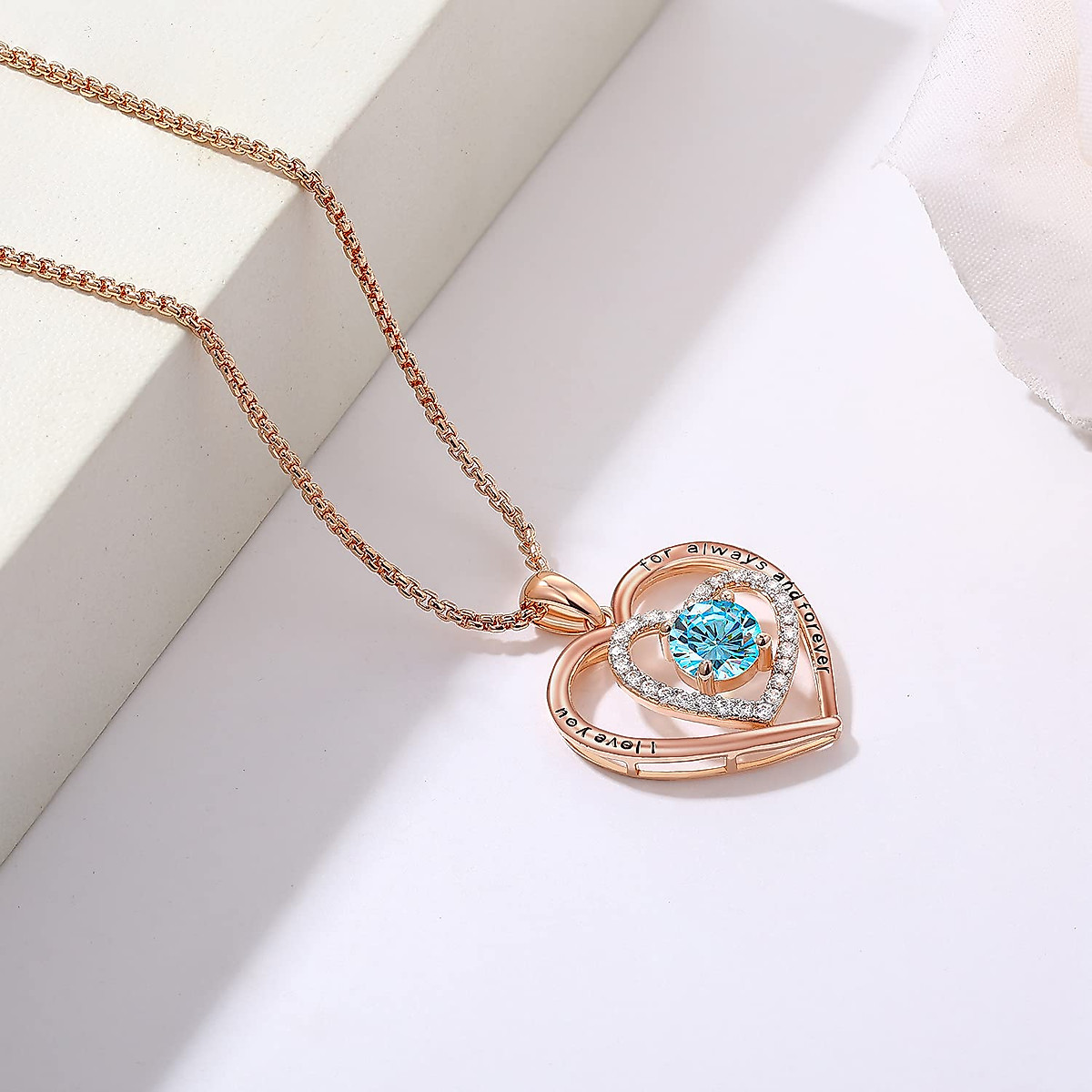 JD & P Rose Gold Double Heart Pendant Necklace for Women, March Cubic Zirconia Birthstone Jewelry Birthday Christmas Gift Ideals for Mom Mother Wife Daughter Grandma Girlfriend Her