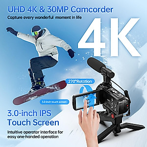 4K Video Camera Camcorder 10X Optical Zoom 120X Intelligent Zoom, 30MP 24FPS Auto Focus Vlogging Camera 3.0" IPS Touch Screen Digital Camera with Microphone, Tripod, Remote Control, 32G SD Card