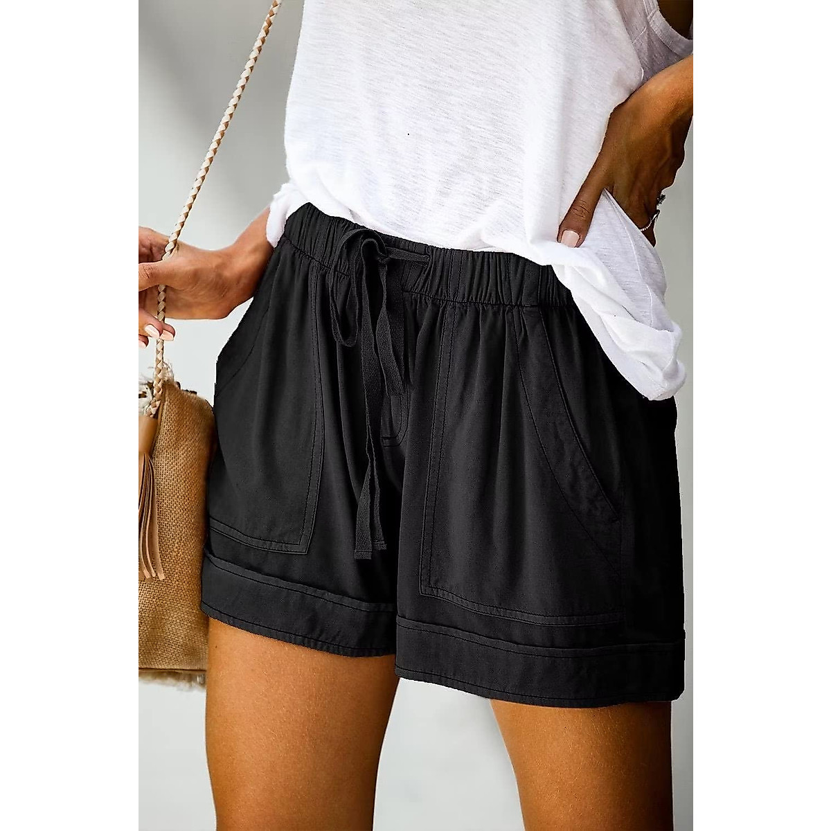 ANFTFH Women Casual Solid Color Shorts Loose Elastic Waist Pants Summer Vacation Black L