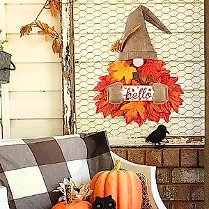 Gnome Fall Wreath for Door Decor, 28 Inch Hello Fall Sign with Maple Leaf Fairy String Lights for Autumn Harvest Thanksgiving Front Porch Wall Mantel Fall Home Decorations