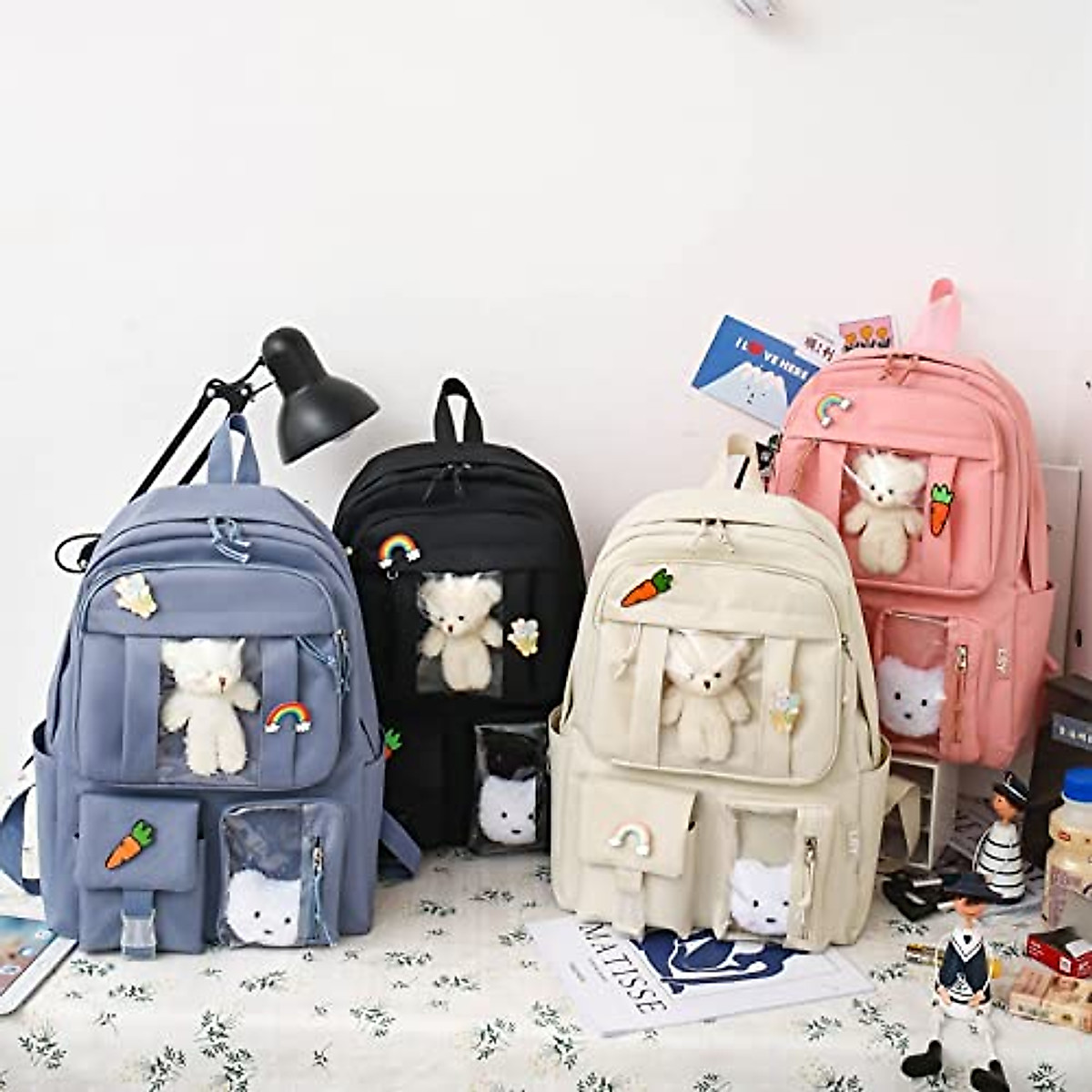 YGYCF Kawaii Backpack 5Pcs Set for Student with Cute Bear Accessories - School Bags for Teen Girls Back to School Supplies Essentials Aesthetic Bookbag, A Blue