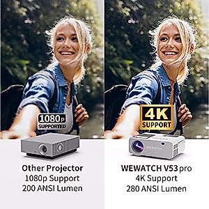 WEWATCH 4K FullHD WiFi6 Projector - with PCF1 Web Camera V53Pro 4K Support 280 ANSI Lumens Native 1080P 230" Project Size Portable Outdoor Projectors, Bluetooth Movies Video Projector