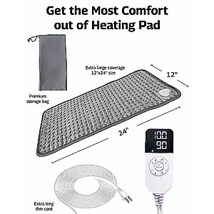 New 2023 Electric Heating Pad for Back Pain, Cramps, Neck, and Shoulders Pain Relief 12x24 UL Certified Double-Sided Ultra Soft Microplush Heat Pad - Dry & Moist Heat Patch with Lux Storage Bag (Gray)