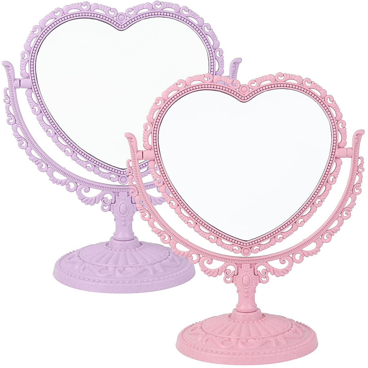 TBoxBo 2 Pack Heart Mirror Lovely Heart-Shaped Cosmetic Mirror Plastic Double-Sided Heart Mirror Rotatable Dresser Mirror Bathroom Bedroom Dressing Beauty Mirror for Girls Bedroom(Pink & Purple)