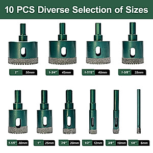 BONSSO Diamond Drill Bits, 10 PCS Hole Saw Kit Serrated Tile Drill Bits with Carrying Tool Box, Diamond Drill Bits for Ceramic, Glass, Marble, Granite and Tile