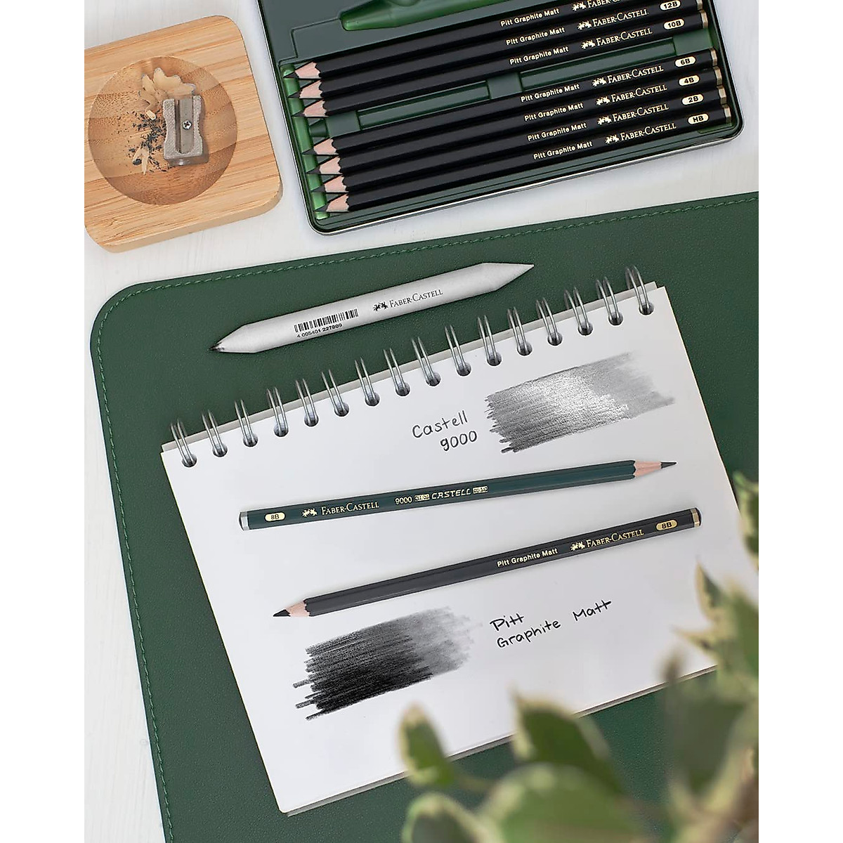 Faber-Castell Pitt Graphite Matte Pencil Set, Metal Tin of 8 Graphite Pencils and Sketching Accessories (HB, 2B, 4B, 6B, 8B, 10B, 12B, 14B), Pencil Sharpener, Eraser and Blending Stump