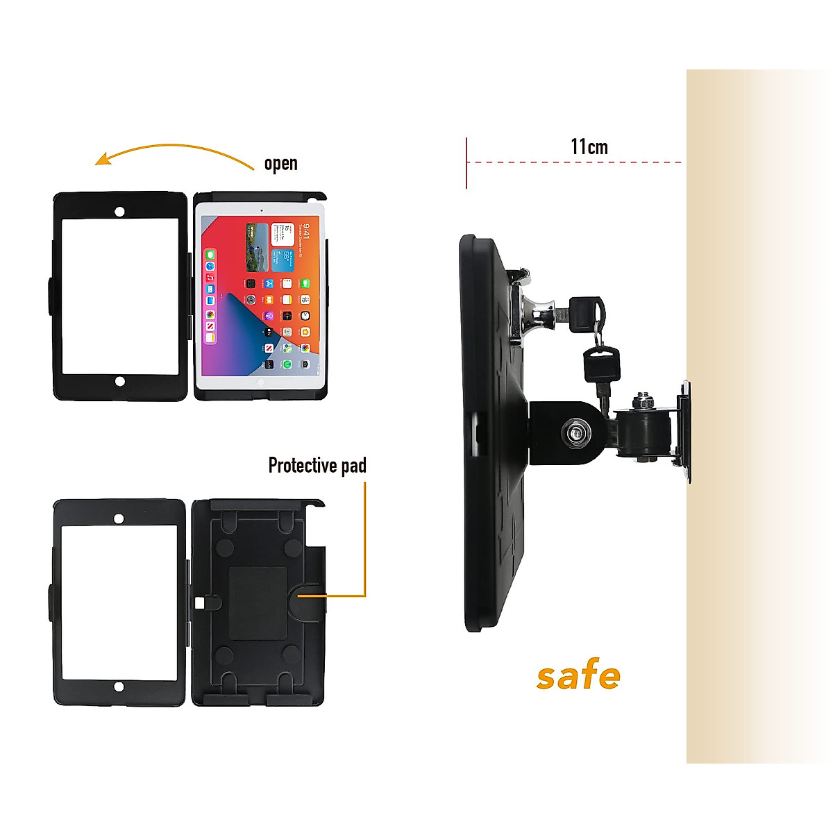 DDSHOW On Wall Mount Metal Bracket for iPad 10.2-Inch (Gen. 9th,8th,7th),with Anti Theft Security Lock&Key, Rotate Design Arbitrary Adjustment,Multi Angle,Metal,Screw Fixing,Black