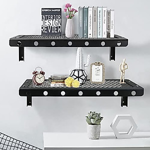 Sedesbon Floating Wall Shelves Set of 2, Black Floating Shelves,Wall-Mounted Bookshelf,Mesh Panel, Used in Living Room, Kitchen, Bathroom ，Garage,Folding with Hooks.