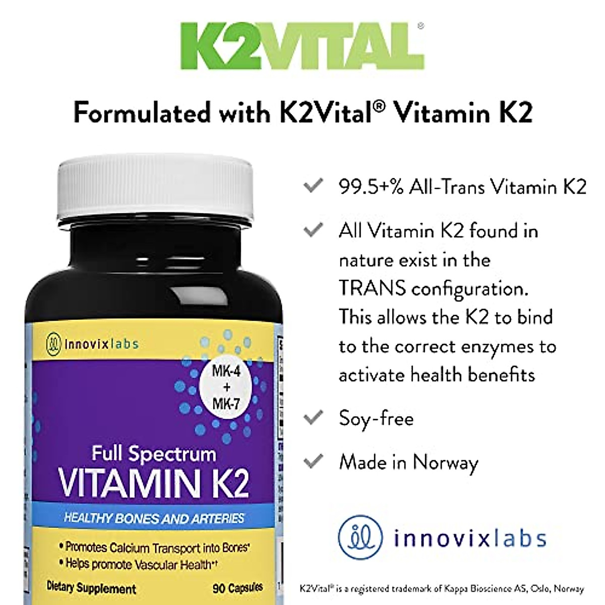 InnovixLabs Full Spectrum Vitamin K2 with MK-7 and MK-4, All-Trans Bioactive K2, 600 mcg K2 per Pill, Soy & Gluten Free, Non-GMO, 90 Capsules, Supports Healthy Bones & Arteries Vitamin K2 MK7 + MK4