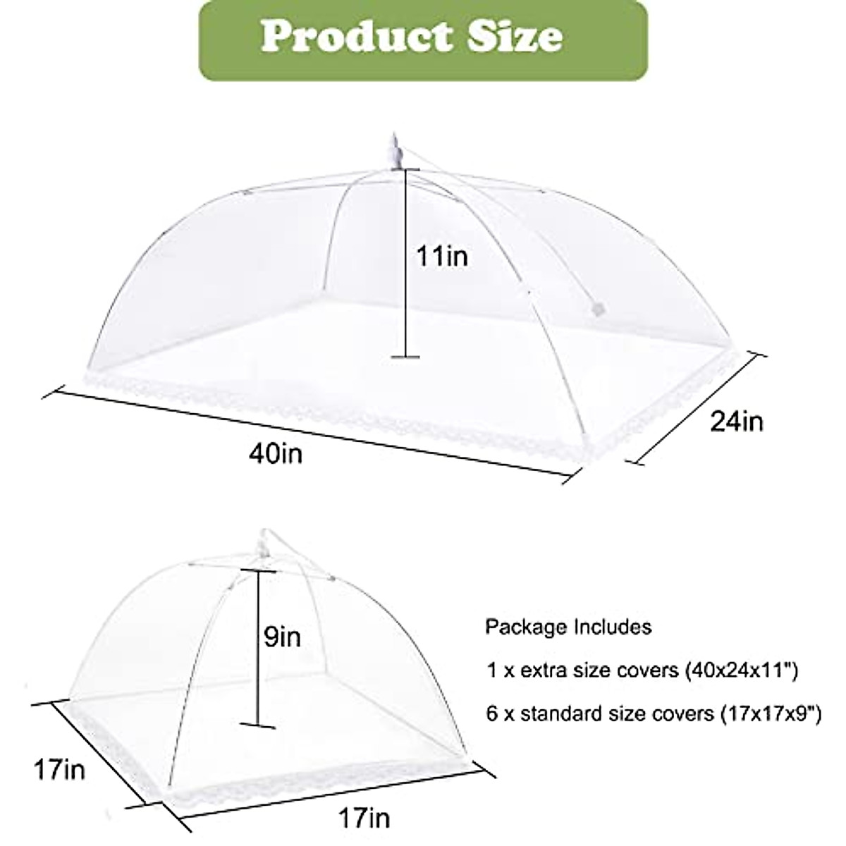 7 Pack Food Covers for Outside, Mesh Food Cover pop-up food tent, 1 Large (40"X24") & 6 Standard (17"X17") Plate Serving Tents, Collapsible Fine Net Screen Umbrella for Outdoor, Picnics, BBQ, Parties