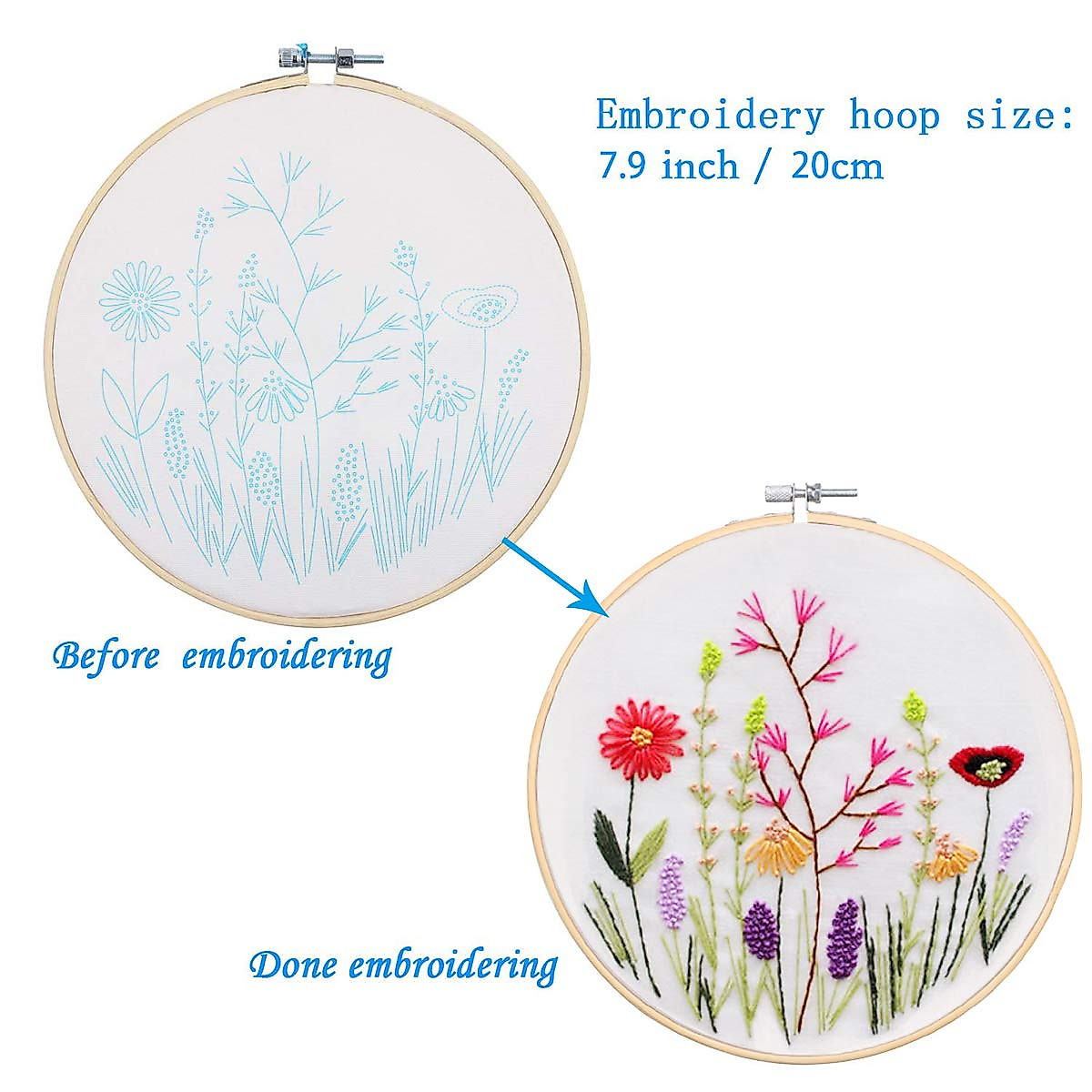 3 Pack Embroidery Starter Kit with Pattern, Kissbuty Full Range of Stamped Embroidery Kit Including Embroidery Fabric with Pattern, Bamboo Embroidery Hoops, Color Threads and Tools Kit (Floral Plants)