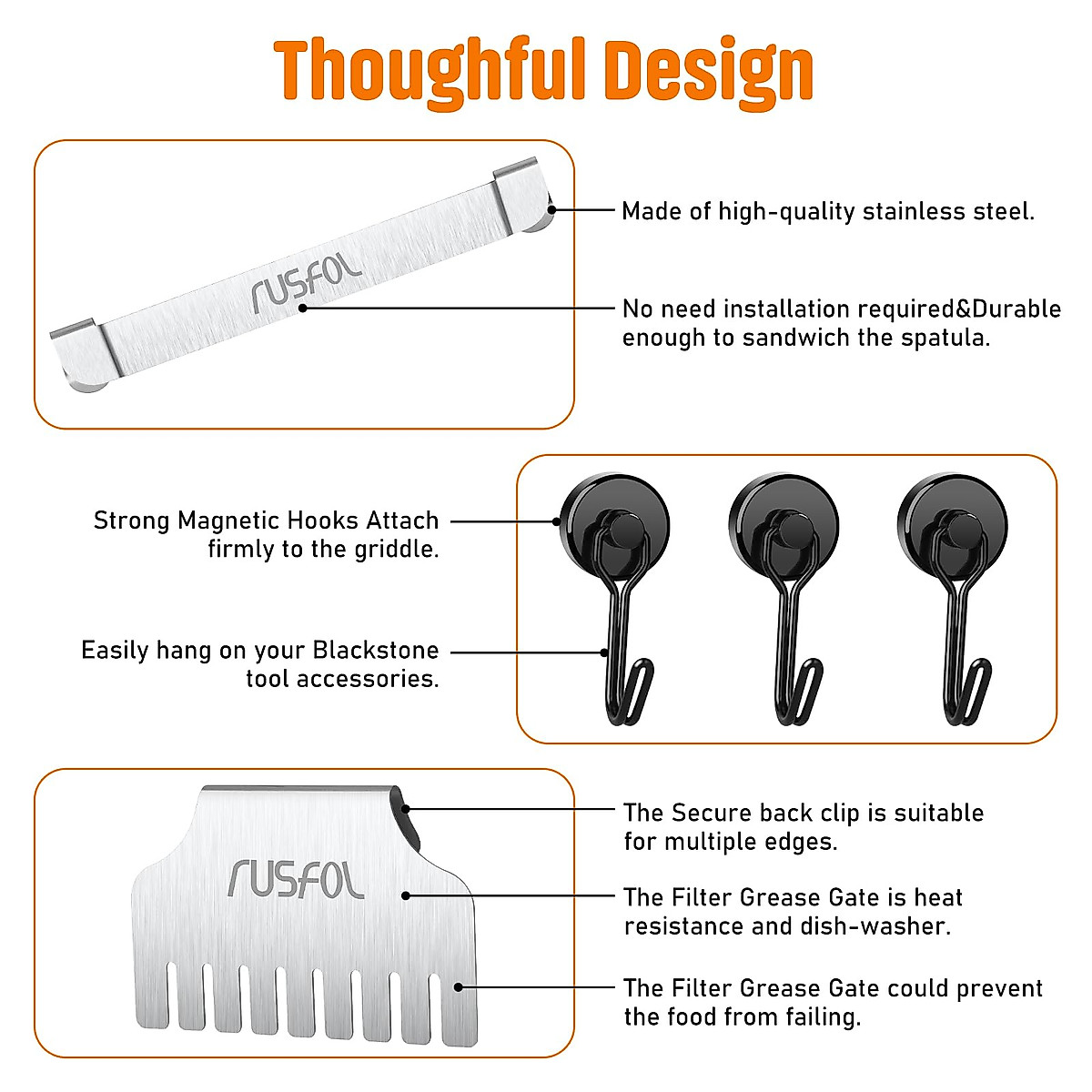 RUSFOL 3-in-1 Stainless Steel Griddle Spatula Holder with Mesh Screen Grease Gate and 3 Magnetic Hooks for 28"/36" Blackstone Griddles, Flat Top Griddle BBQ Accessories, Free from Drill&Easy Install