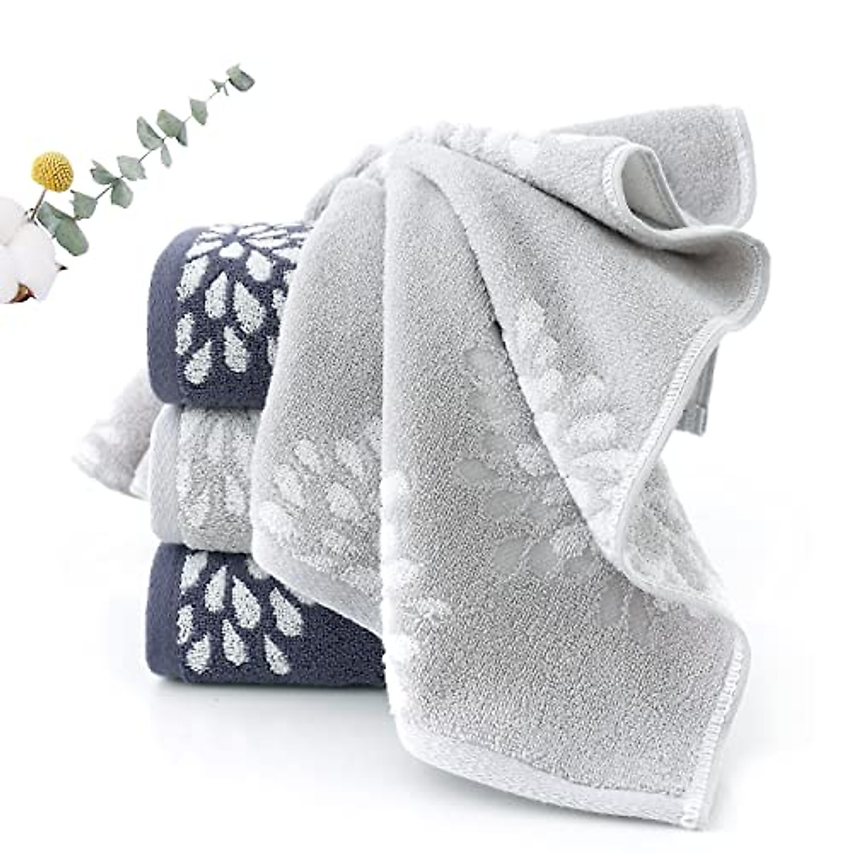 Pidada Hand Towels Set of 4 Hydrangea Floral Pattern 100% Cotton Absorbent Soft Decorative Towel for Bathroom (Light Grey)