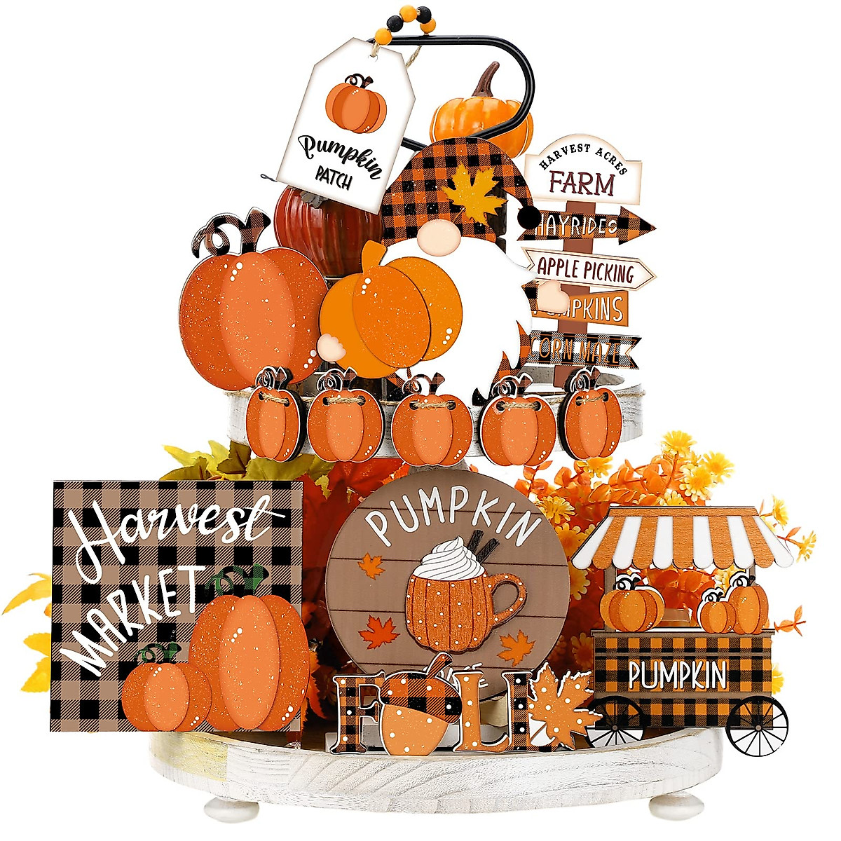 16 Pcs Fall Tiered Tray Decor Set Thanksgiving Pumpkin Wooden Sign Gnomes Truck Farmhouse Rustic Tray Decoration for Fall Thanksgiving Home Table Kitchen, Trays Are Not Included