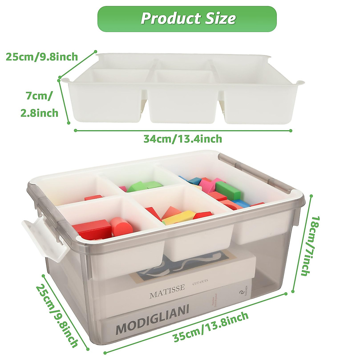 ACXFOND 1PCS Plastic Storage Box with Removable Tray Grey Craft Organizers and Storage 17 QT Storage Containers for Arts and Crafts Supplies, Lego, Stationery, Kids Building Blocks, Sewing Kit