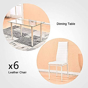 4HOMART Yvonne&F.L.A.M. 7PCS Dining Table and White Chairs Set Glass Dining Kitchen Table Set Modern Tempered Glass Top Table and White PU Leather Chairs